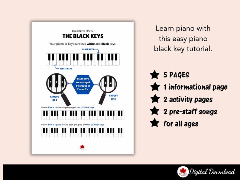 Piano Black Key Beginner Worksheet | Piano Lessons | Usletter | A4 - Etsy