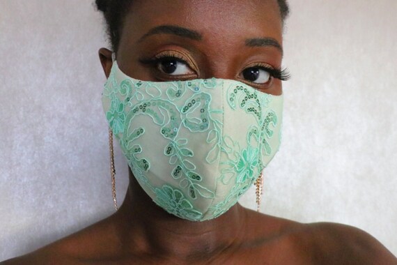 Mint Green Sequin Lace Face Mask | Etsy