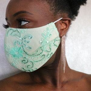 Mint Green Sequin Lace Face Mask | Etsy