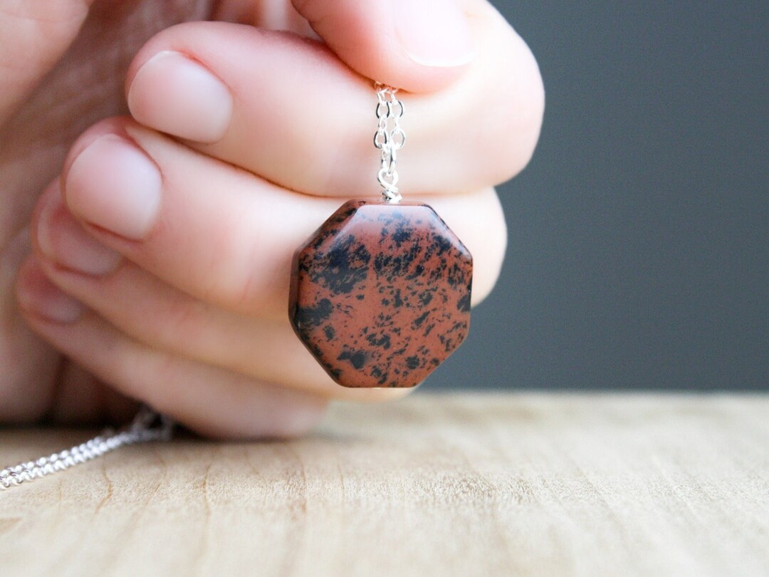 Collar de obsidiana caoba de plata. Colgante de piedra grande. Collar ...