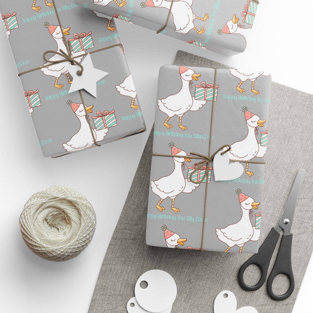 Funny Goose Birthday Wrapping Paper - Gray Background Gift Wrap Roll ...