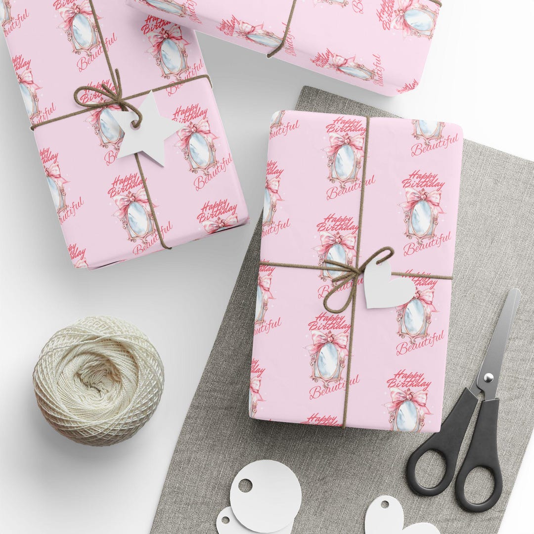 Pink Glam Birthday Wrapping Paper | Vintage Mirror & Bow Design - Etsy