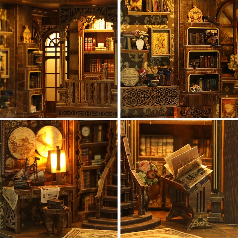 Antique Library DIY Book Nook Kit, Miniature Bookshelf Insert, Handmade ...