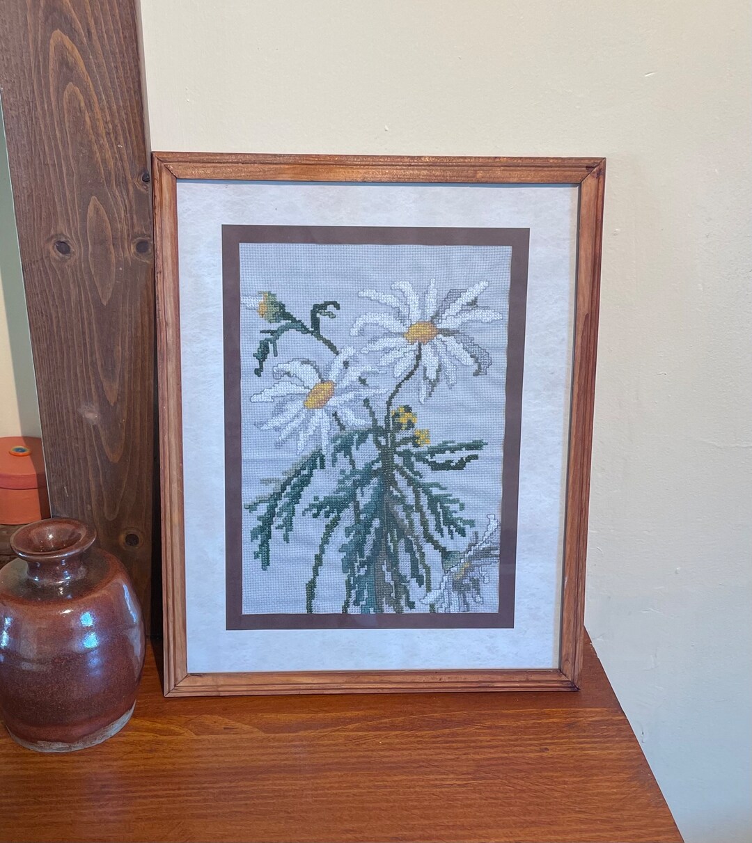 Vintage Framed Cross Stitch Botanical Daisy Flower Wood Frame ...
