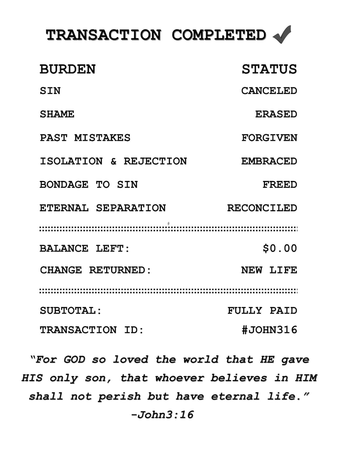 Christian Receipt Printable Svg | John 3:16 Svg | Gospel Transaction ...