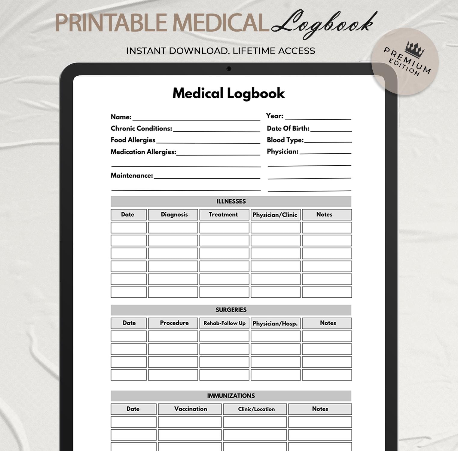 Medical History Form Printable, Family Health History, Medical Logbook ...