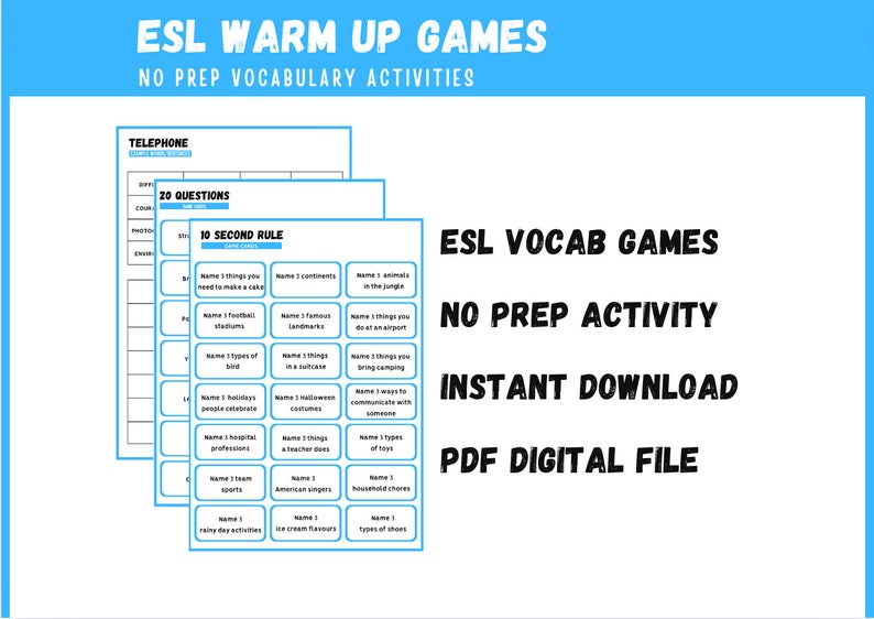 28 Page Instant Download PDF File Vocabulary Games Printable Cards and ...