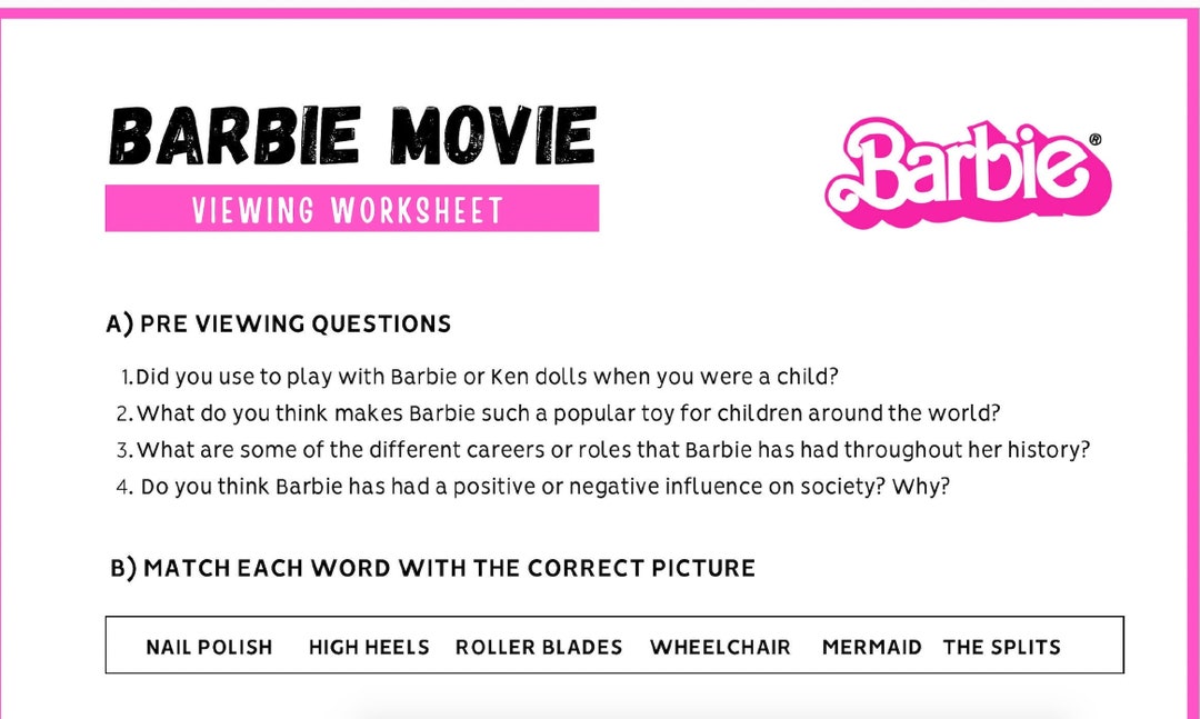 Barbie Movie Viewing Printable 4 Page Worksheet ESL Suitable for A2 B2 ...