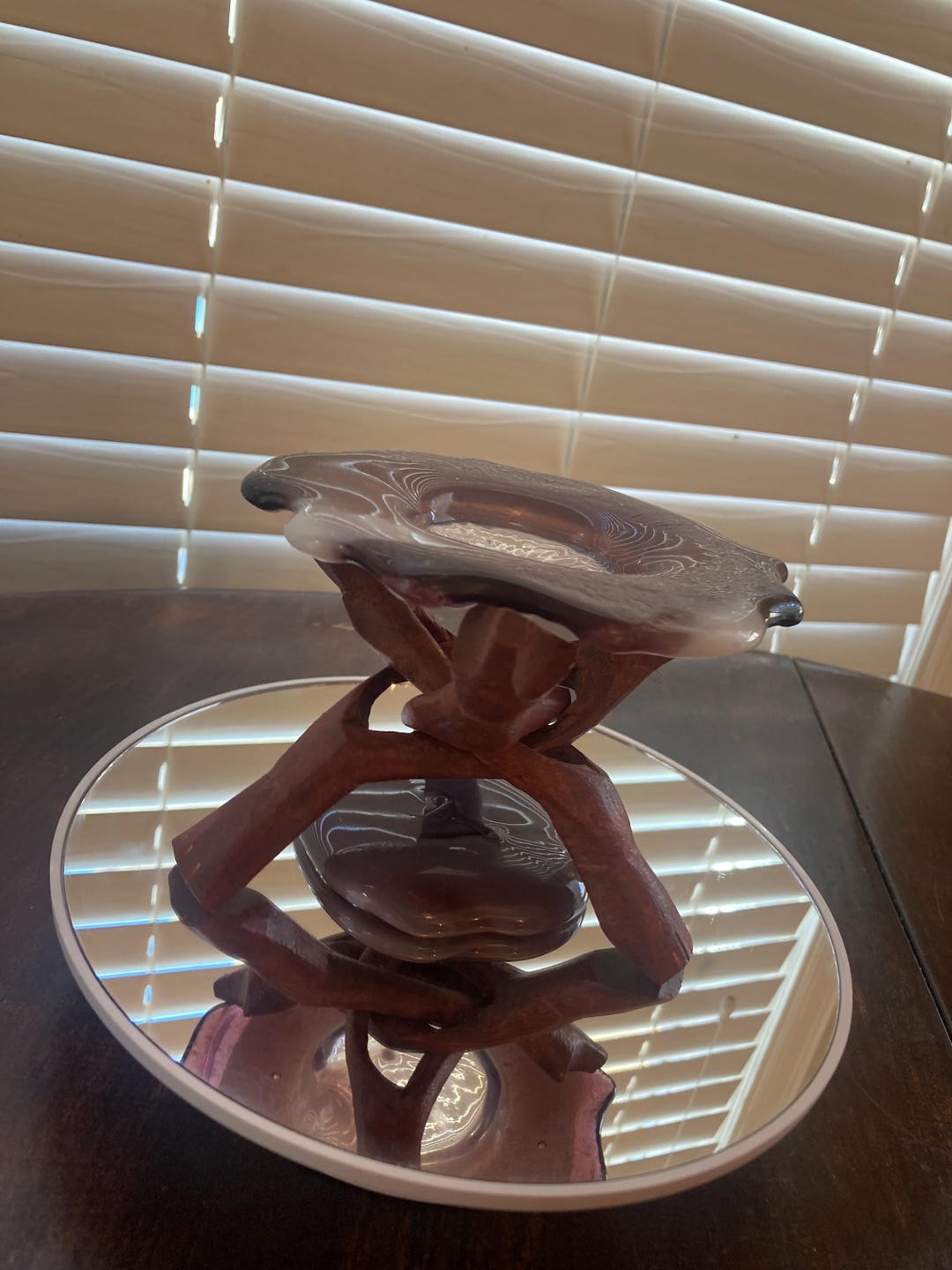 Glass Art 3D Purple Dripping Melt Down Sculpture With Carved Teak Wood ...