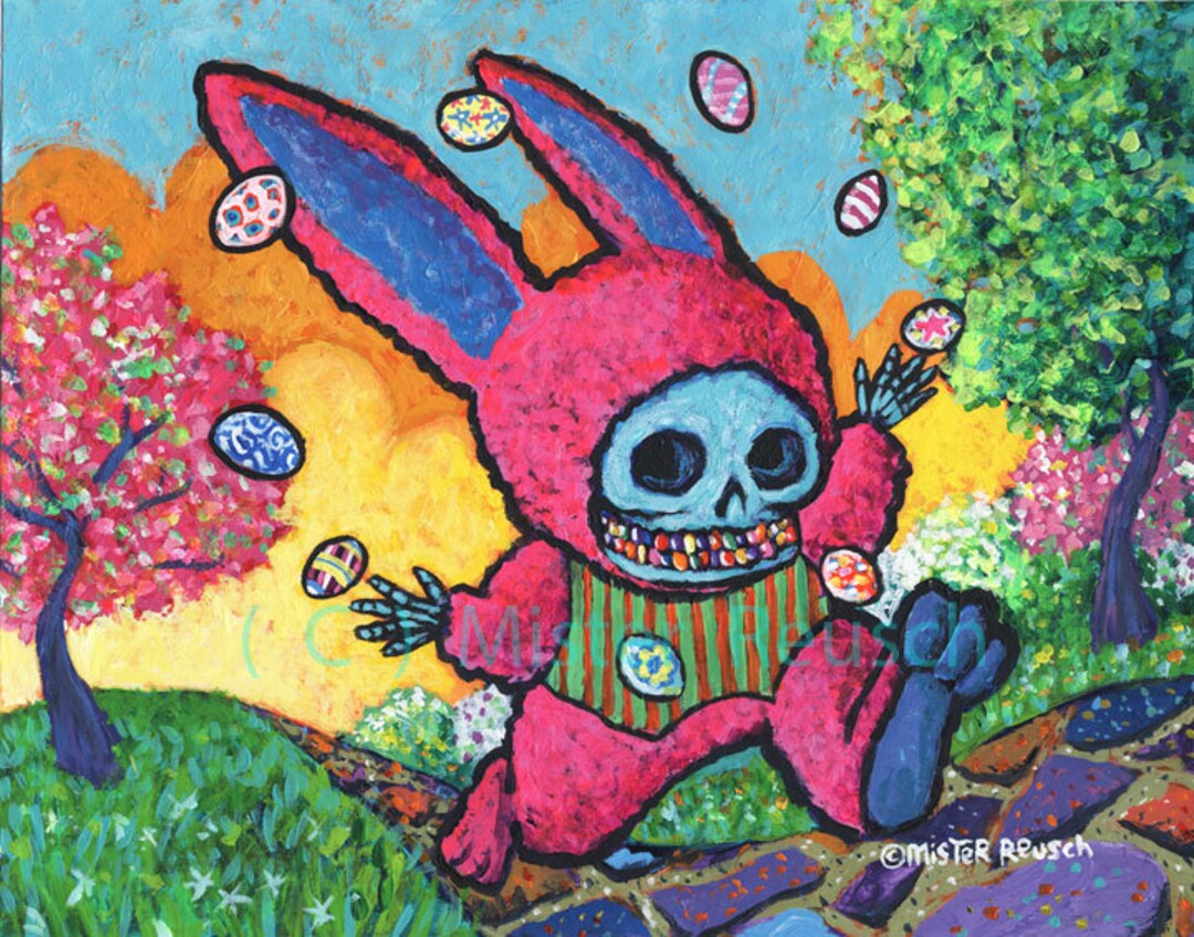 Skeleton Easter Bunny Juggling Eggs Original Painting by Mister Reusch ...