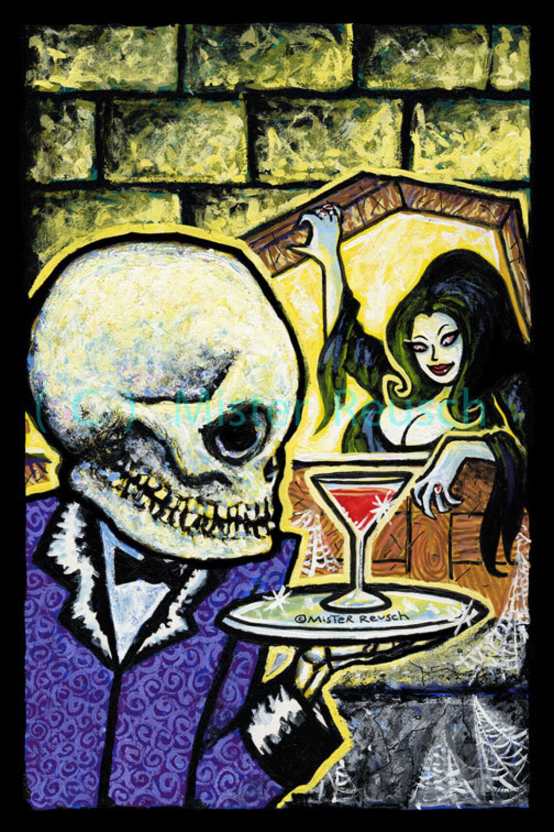 Spooky Halloween Skeleton and Vampire Signed Art Print by Mister Reusch ...