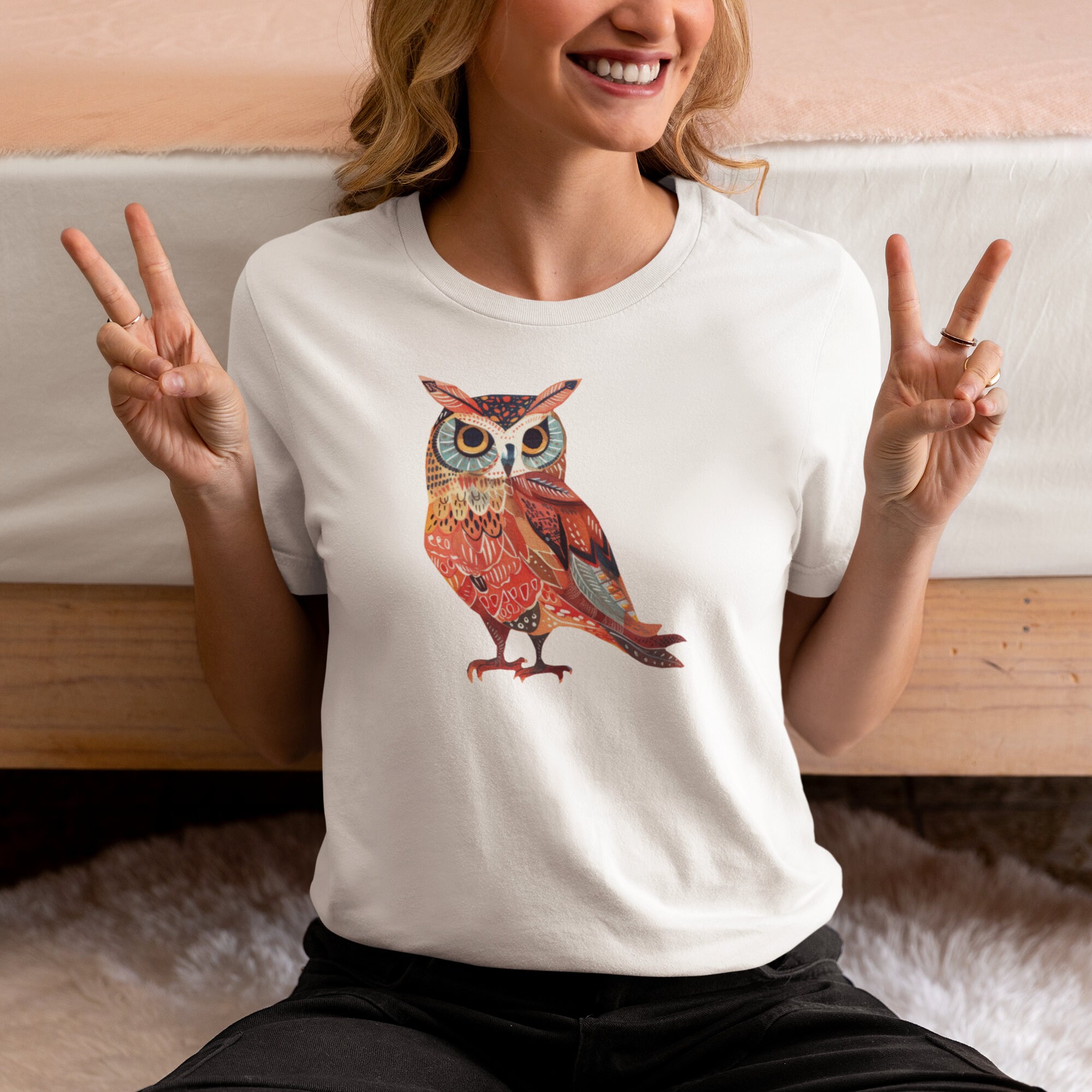 BOHO Owl Shirt, Vintage, Retro, Lightweight T-shirt, Owl Art, Ai ...