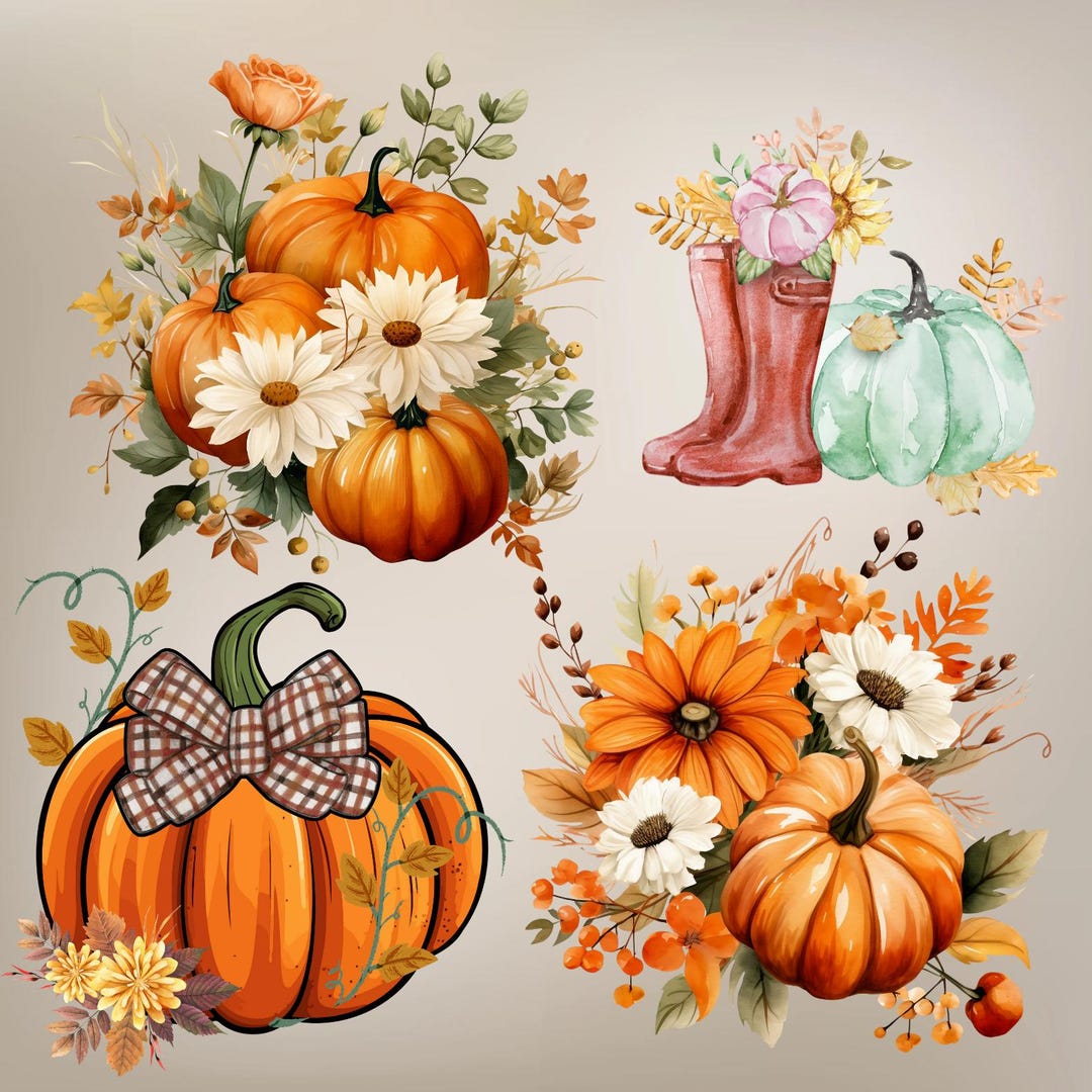 Watercolor Pumpkin Clipart Bundle: Autumn Floral PNG (digital Download ...