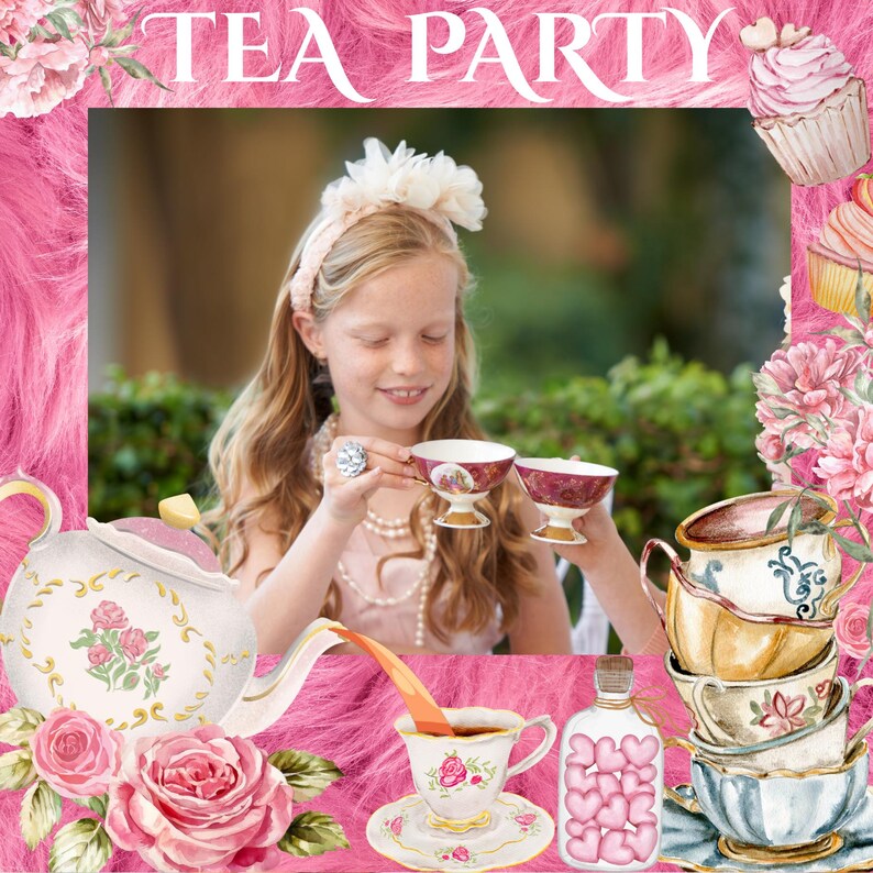 Floral Tea Party Photo Booth Frame: Pink Printable Prop (PNG Download ...