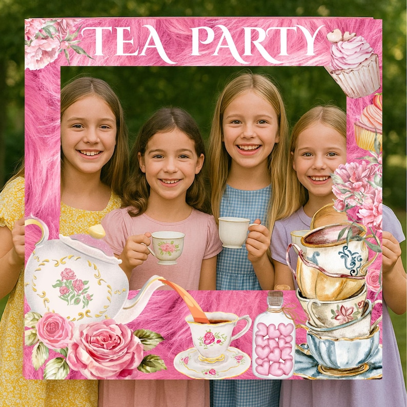 Floral Tea Party Photo Booth Frame: Pink Printable Prop (PNG Download ...