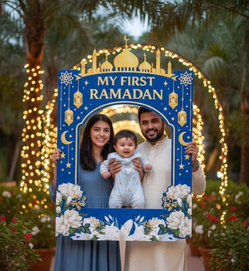 My First Ramadan Photo Booth Frame | Islamic Arch, Gold and Blue (PNG ...