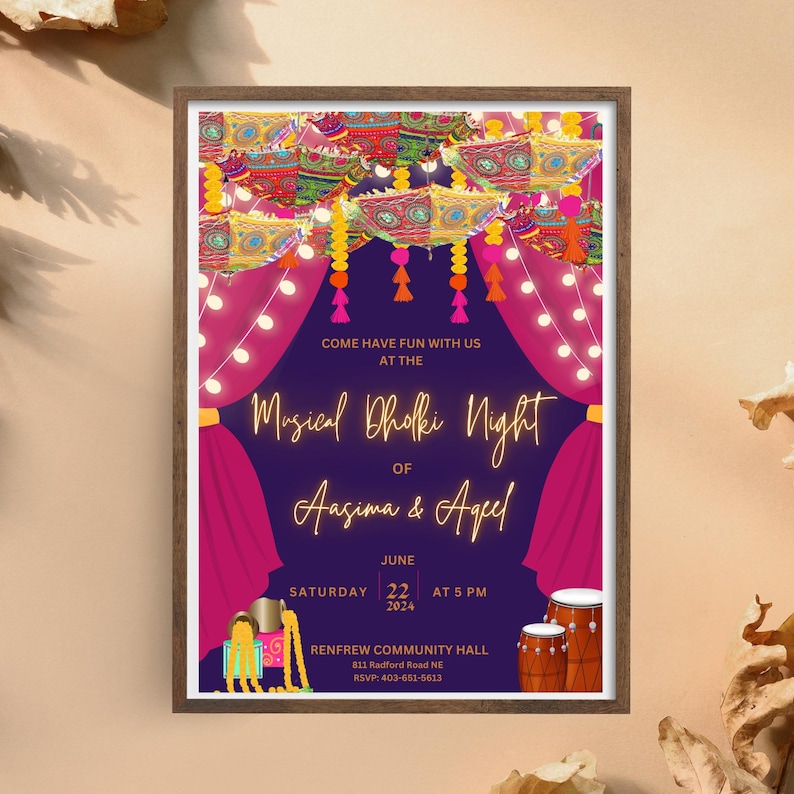Musical Dholki Night Invitation Canva Template | Editable Mehndi Invite ...