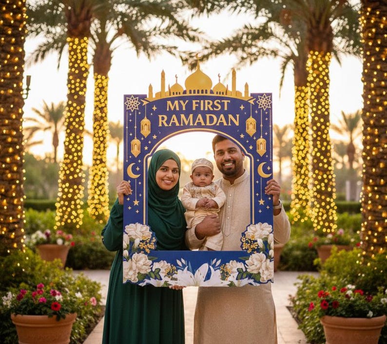 My First Ramadan Photo Booth Frame | Islamic Arch, Gold and Blue (PNG ...