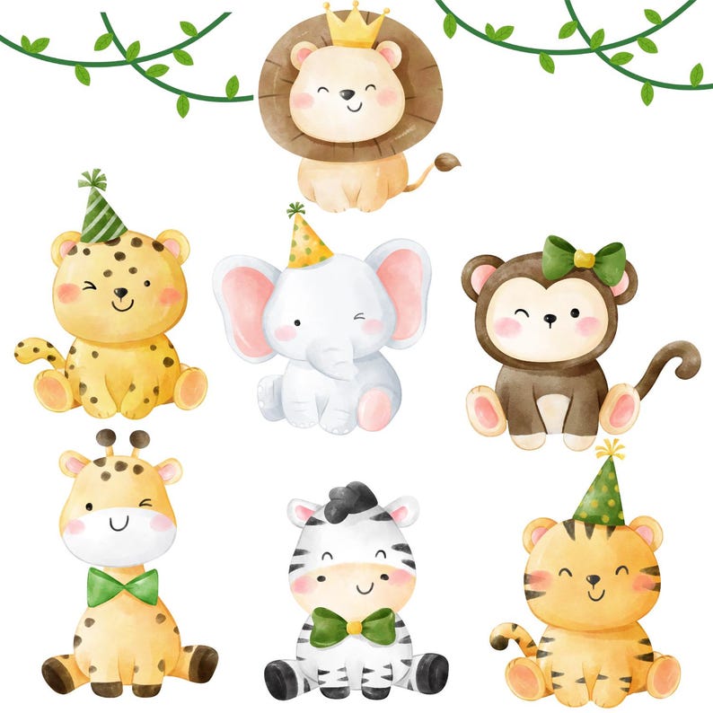 Watercolor Safari Animals Clipart: Jungle Birthday Party Decorations ...