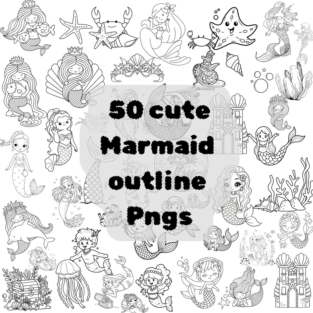 Mermaid Outline Clipart | 50 Pngs, Kids Coloring (digital Download ...