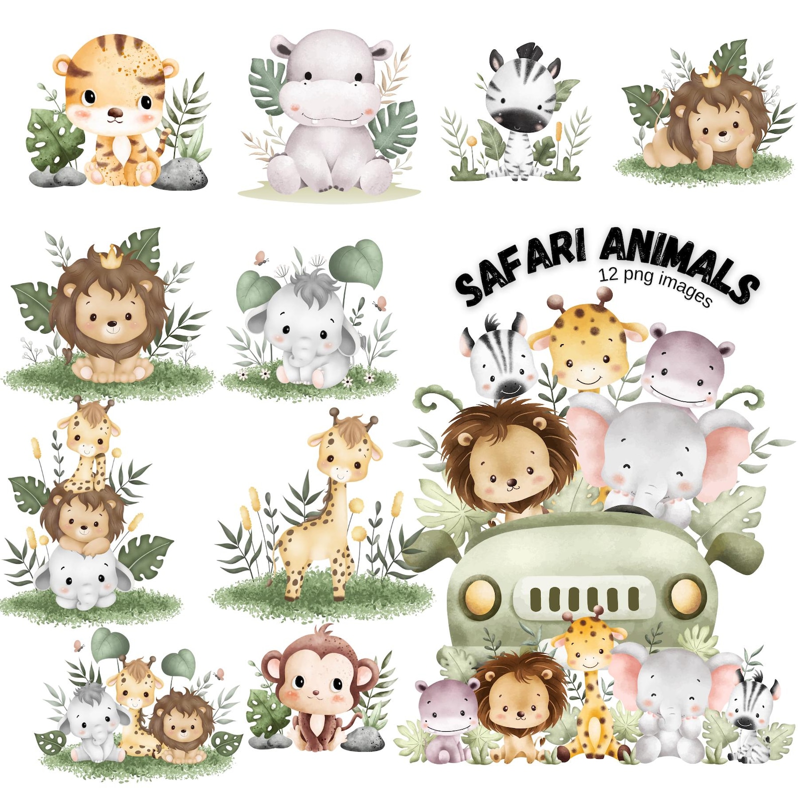 Watercolor Safari Animals Clipart: Jungle Baby Shower PNG (digital ...