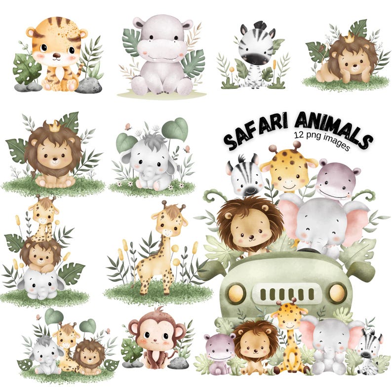 Safari Animals Watercolor Clipart, Safari Animals Png, Jungle Animals ...