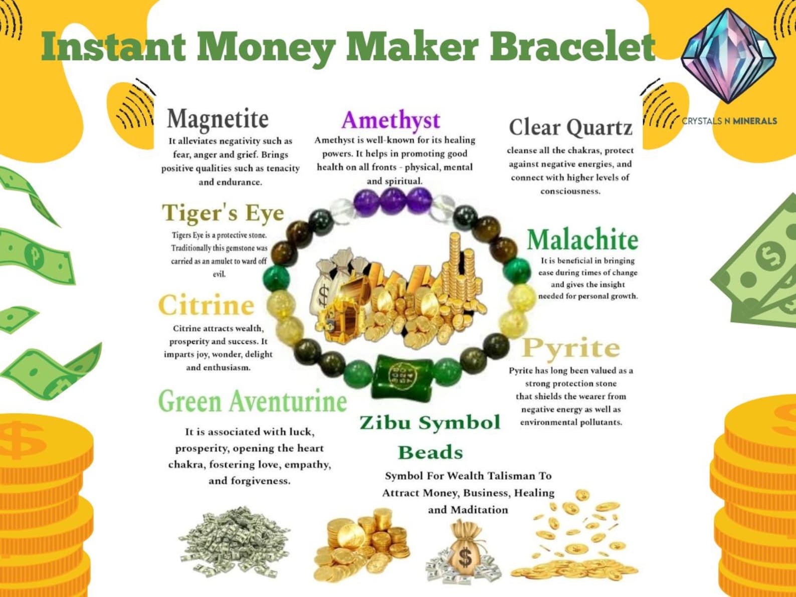 6MM Money Wealth Stone Bracelet Magnetite Amethyst Quartz Tiger's Eye ...
