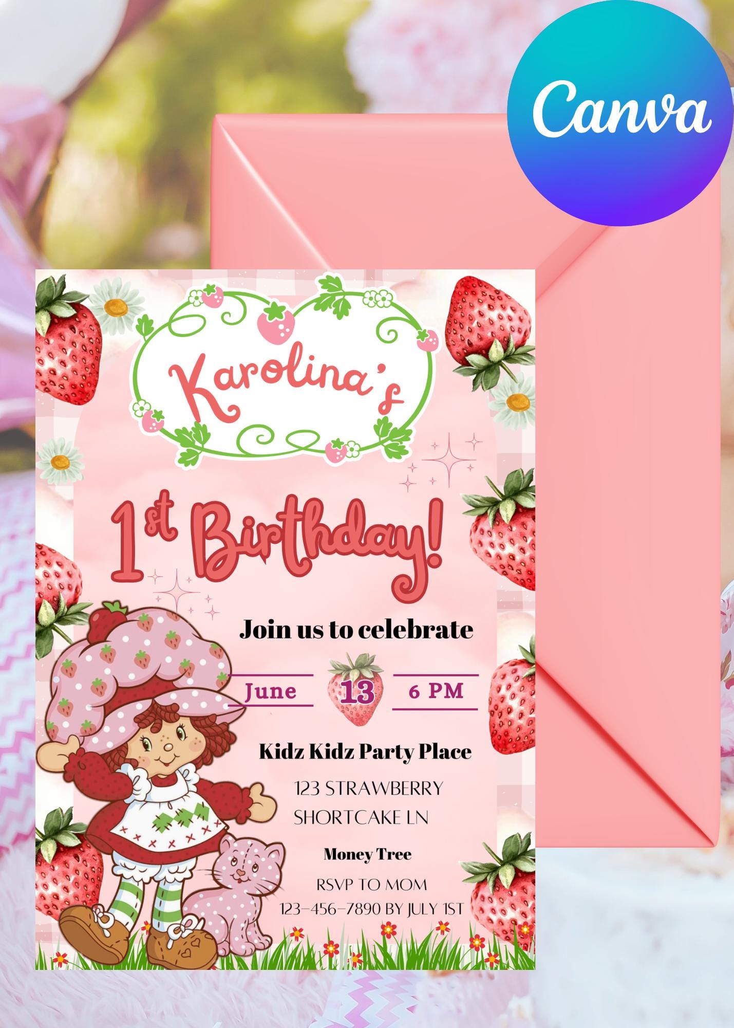 Editable Strawberry Shortcake Birthday Invitation - Etsy