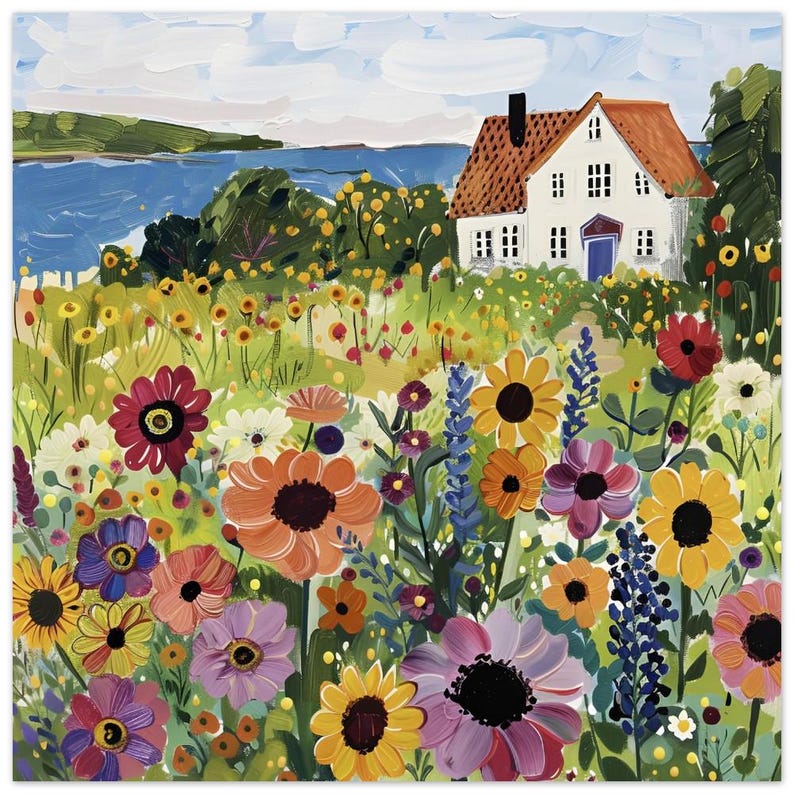 Naivist Painting of a Beautiful White House With Garden and Sea View ...