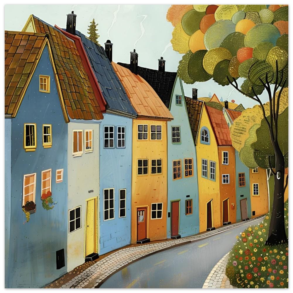 Colorful Terraced House With Unique Colors Naive Art Style Printed on ...
