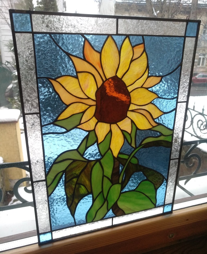 Stained Glass Panel Yellow Sunflower Stained Glass Panel Glass Art Sun ...
