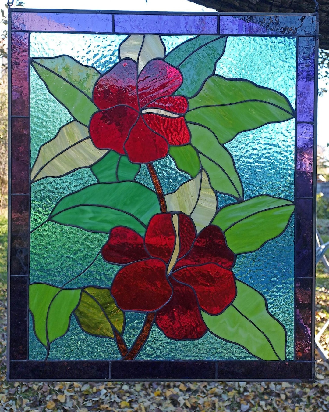 Stained Glass Hibiscus Flower Panel – Red Floral Window Hanging ...