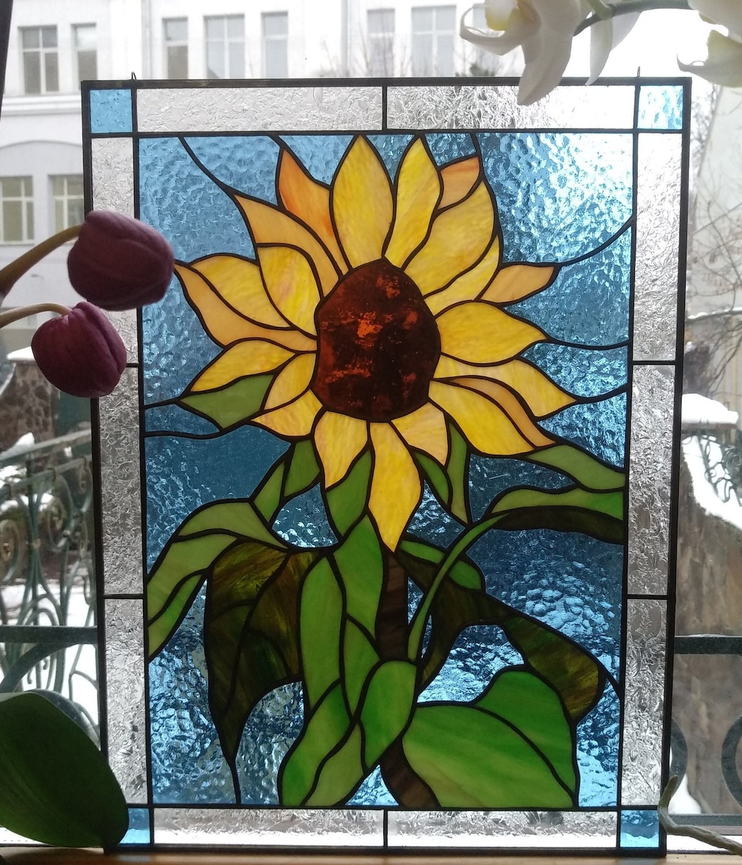 Stained Glass Panel Yellow Sunflower Stained Glass Panel Glass Art Sun ...
