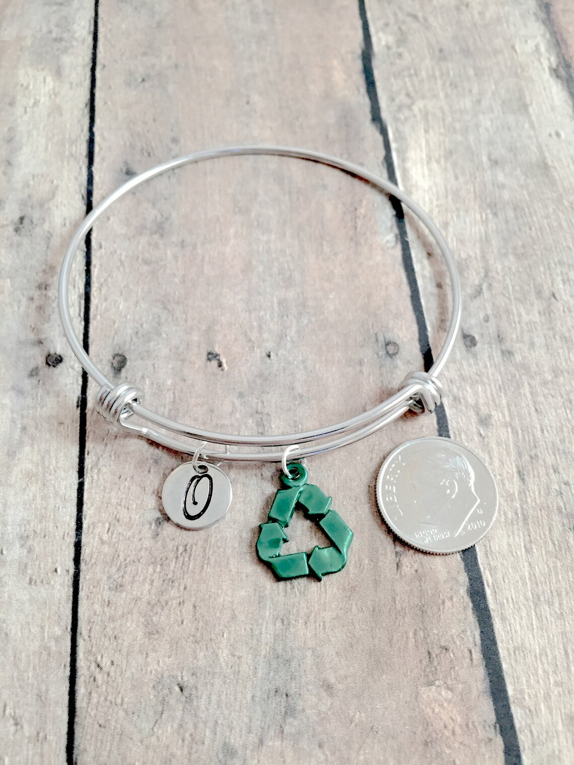 Recycle symbol initial bangle recycle symbol jewelry Earth | Etsy