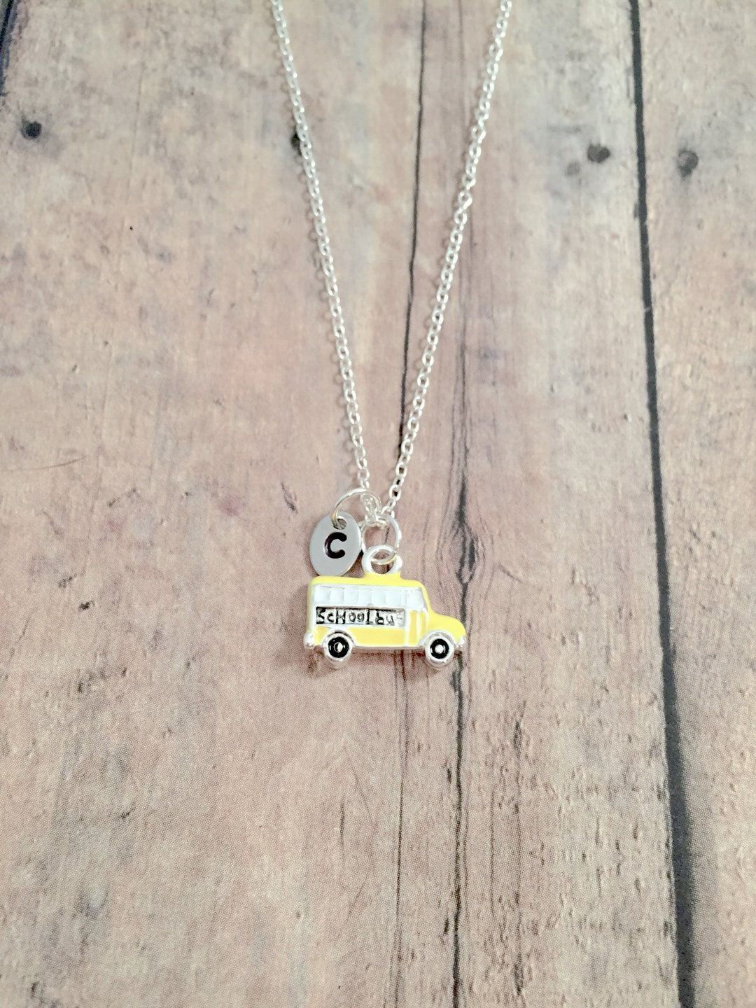 School Bus Initial Necklace: Teacher Jewelry, Driver Necklace ...