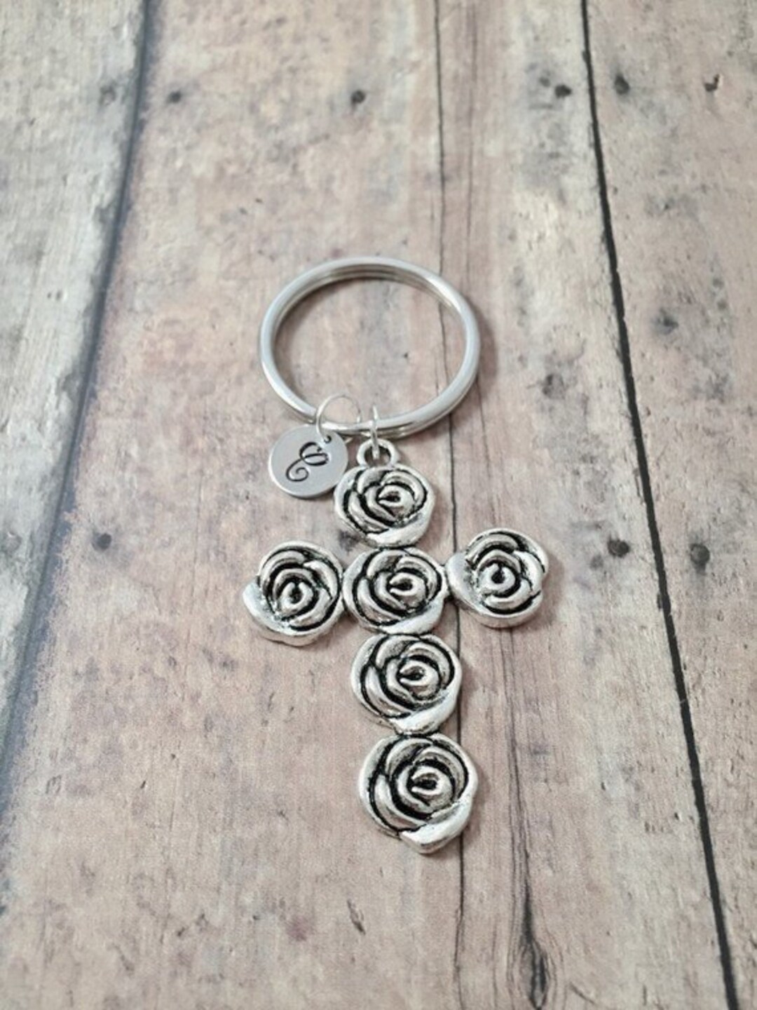 Rose Cross Initial Key Ring - Rose Key Ring, Cross Key Chain, Floral ...