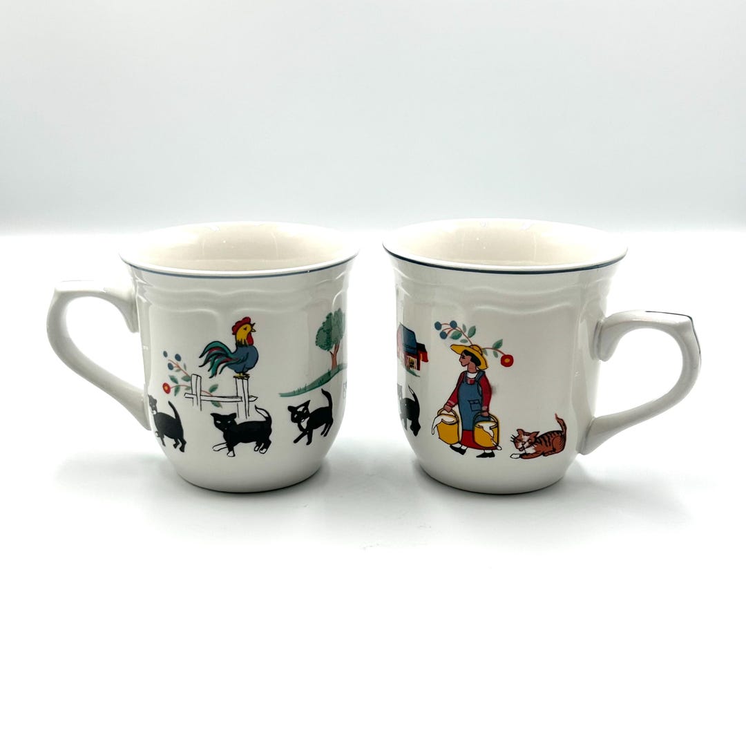 Set of 2 Oneida Farm Friends Coffee Mugs Cups Cats Rooster Farmer Milk ...