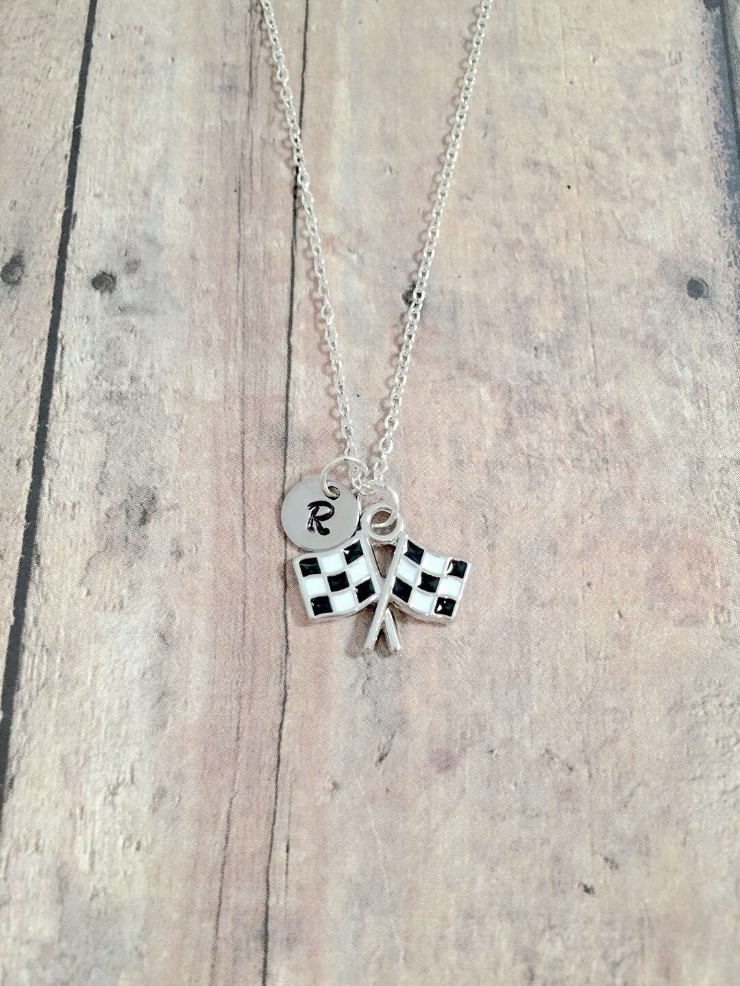 Checkered Flag Initial Necklace - Racing Flag Jewelry, Race Car Jewelry ...