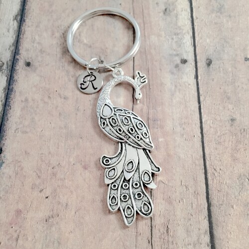Peacock Initial Key Ring Silver Peacock Keychain Peacock - Etsy