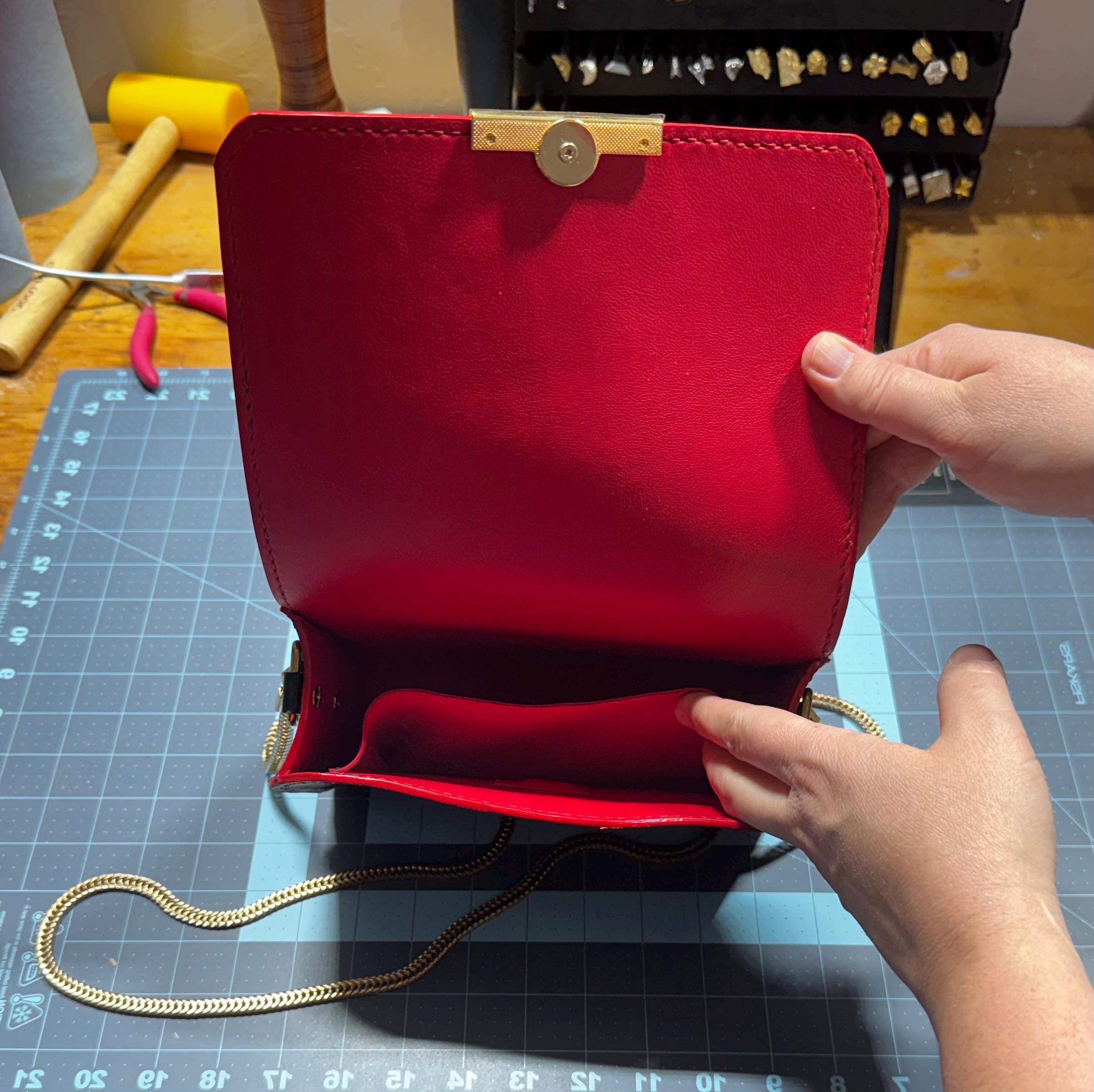 Designer Black and Red Italian Leather Chelsea Purse With Gold Chain ...