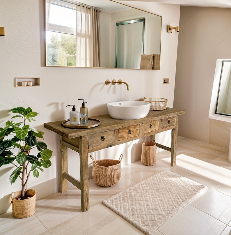 Handcrafted Bathroom Rustic Vanity With Chesnut Wood, Quad Sink Vanity ...