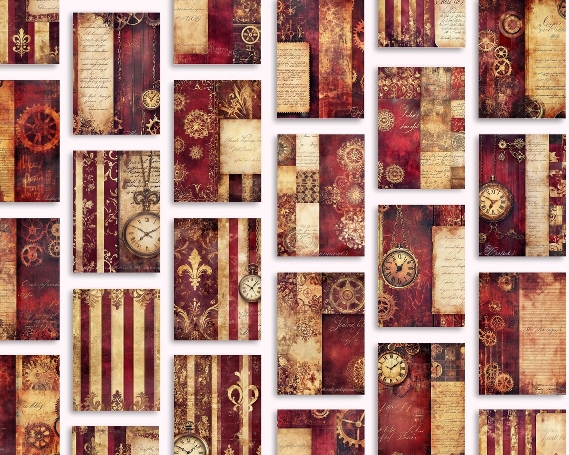 Steampunk Papers, Burgundy Gold Digital Papers, Digital Paper A4 ...
