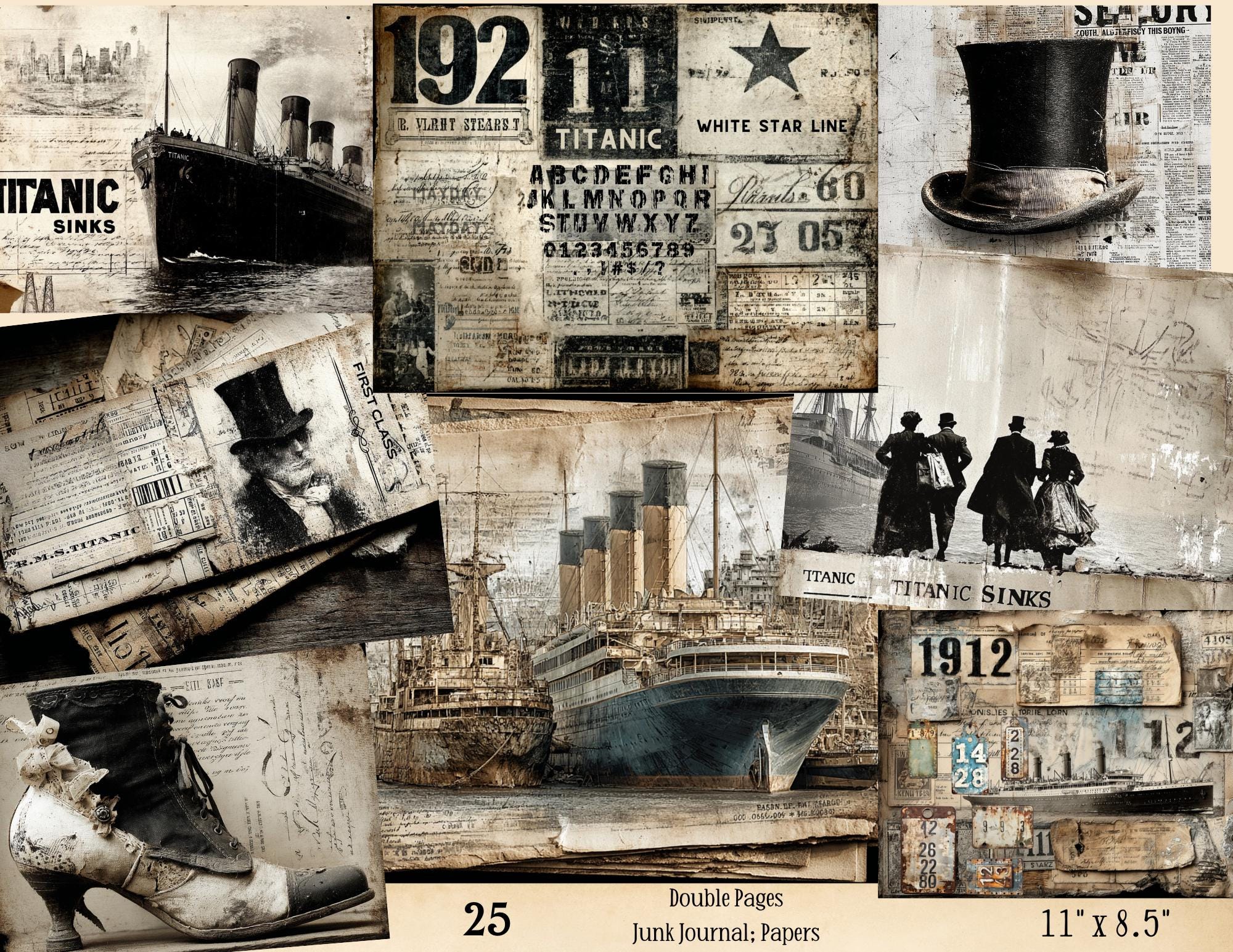 Titanic Printable Papers Junk Journal, Numbers Industrial Grunge Junk ...