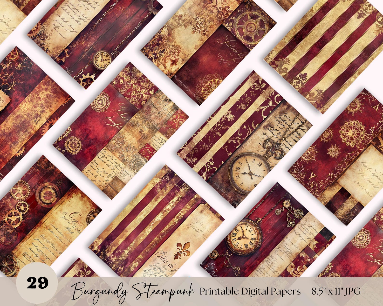 Steampunk Papers, Burgundy Gold Digital Papers, Digital Paper A4 ...
