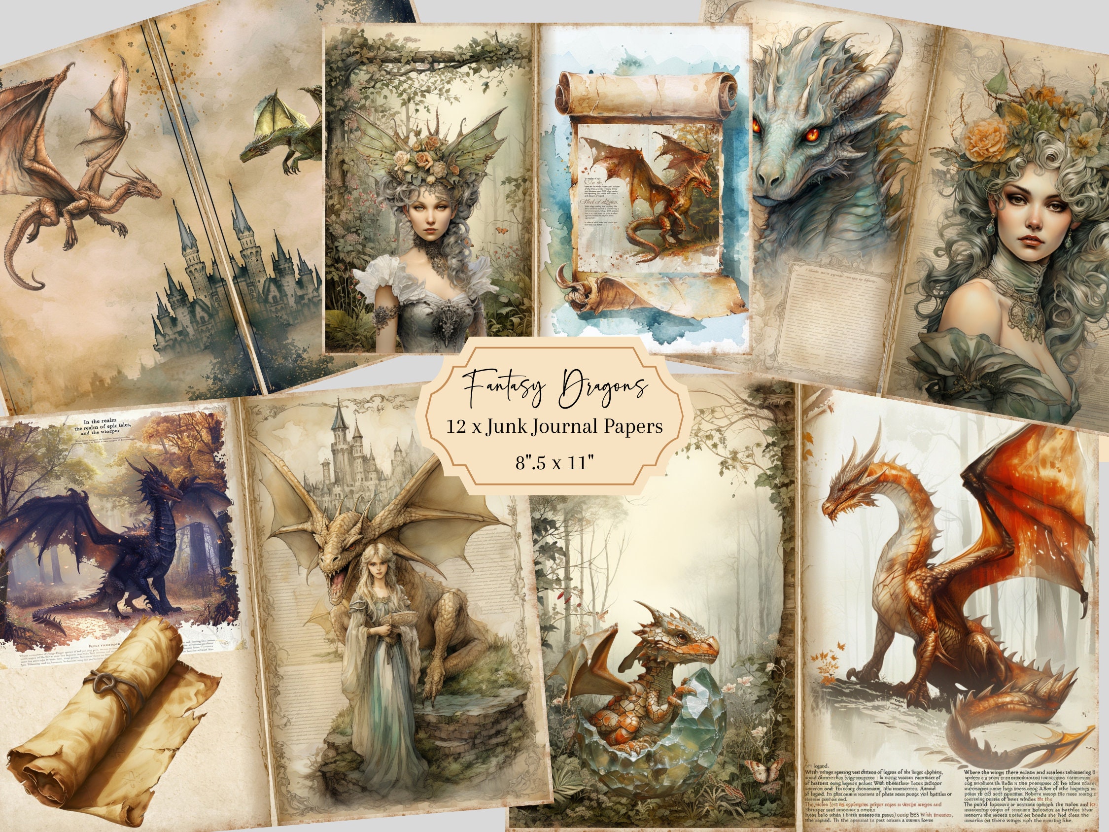 Dragon Junk Journal Dragons Printable Pages, Fantasy Collage Printables ...