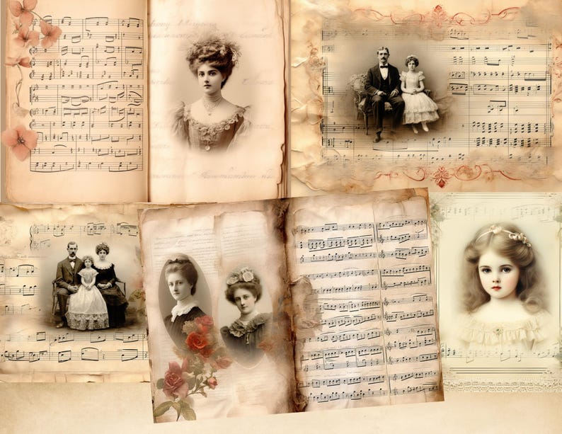 Vintage Portrait Junk Journal, Printable Antique Music Pages Musical ...