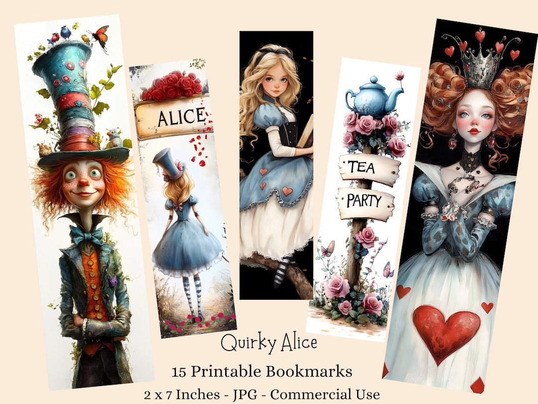 Alice in Wonderland Bookmarks, Printable Scrapbook Papers, Digital ...