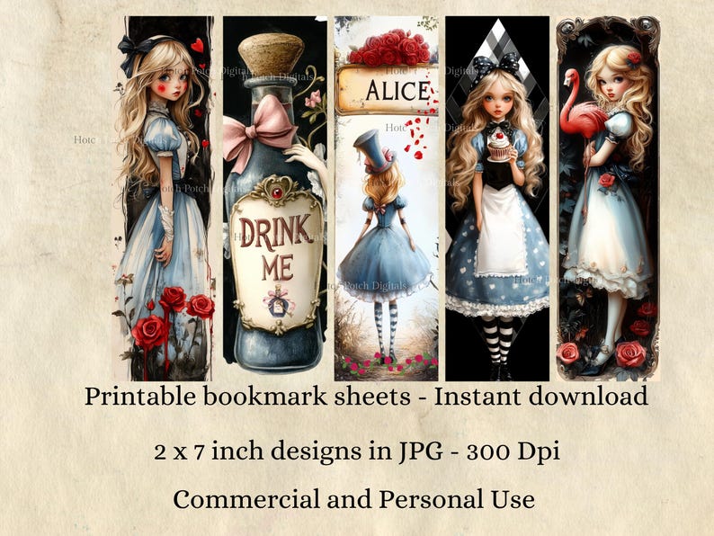 Alice in Wonderland Bookmarks, Printable Scrapbook Papers, Digital ...