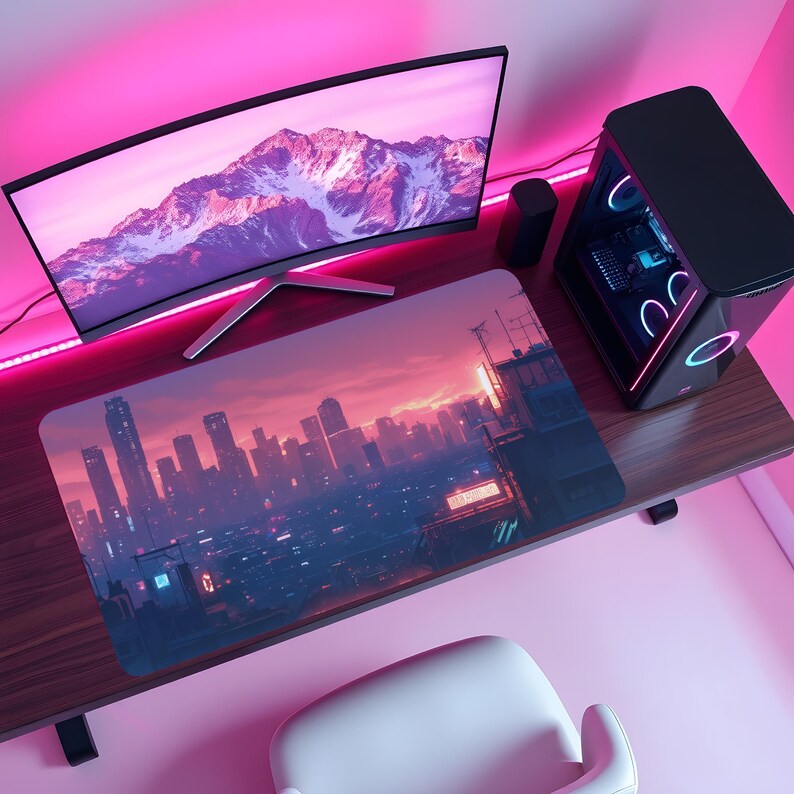 Futuristic Cyberpunk Desk Mat | Neon Cityscape Gaming Pad | 3 Sizes L ...