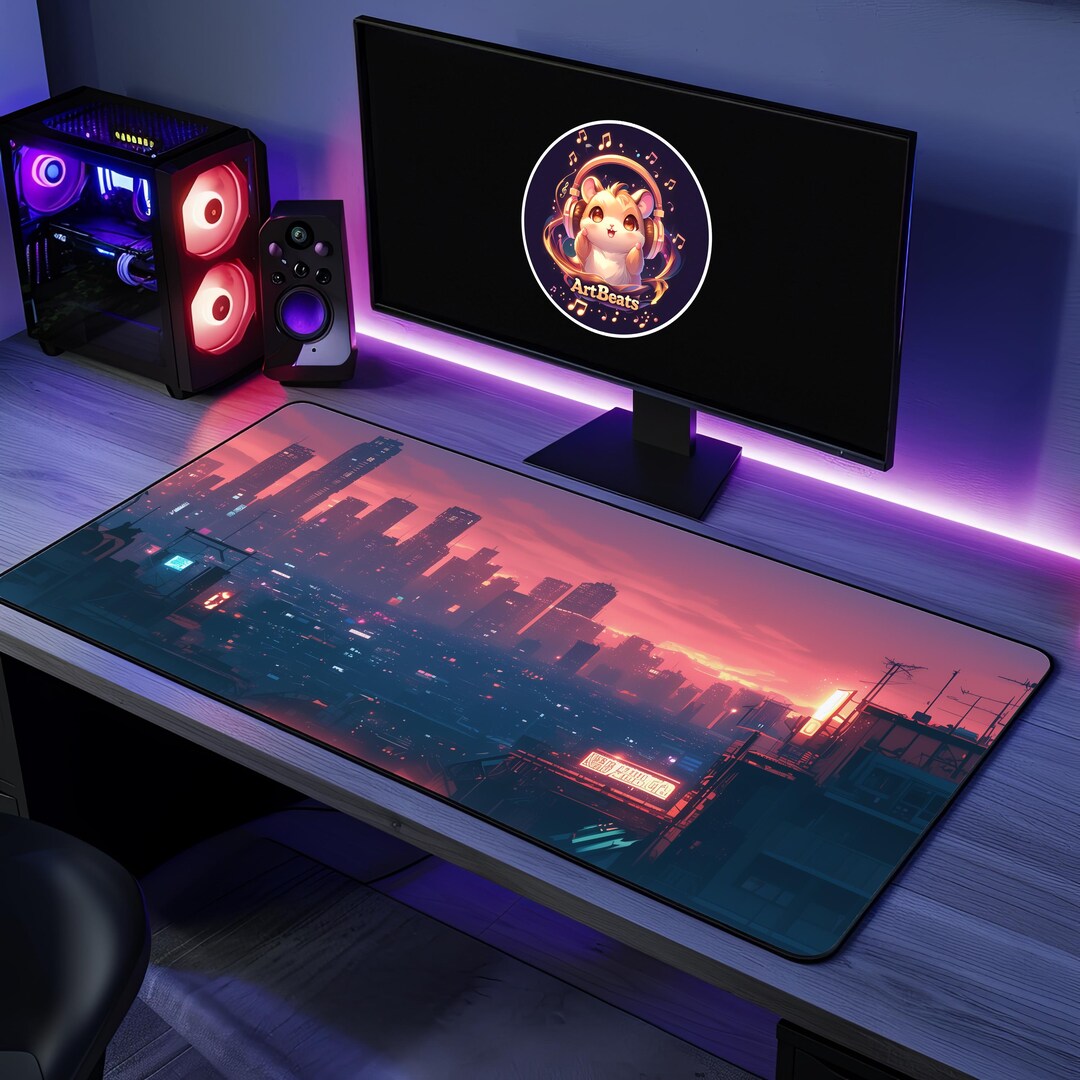Futuristic Cyberpunk Desk Mat | Neon Cityscape Gaming Pad | 3 Sizes L ...
